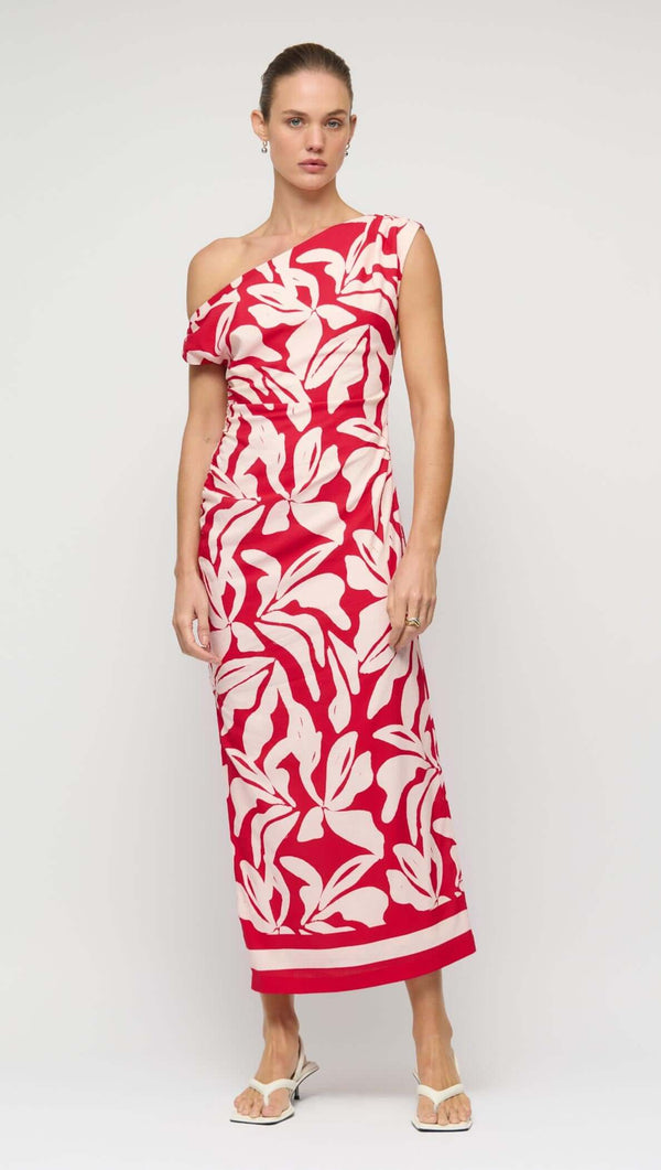 Cotton Blend Red & White Floral Asymmetrical Midi Dress - Staple the Label