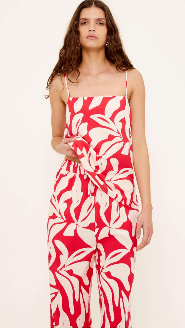 Cotton Blend Red & White Floral Print Drawstring Pants - Staple the Label