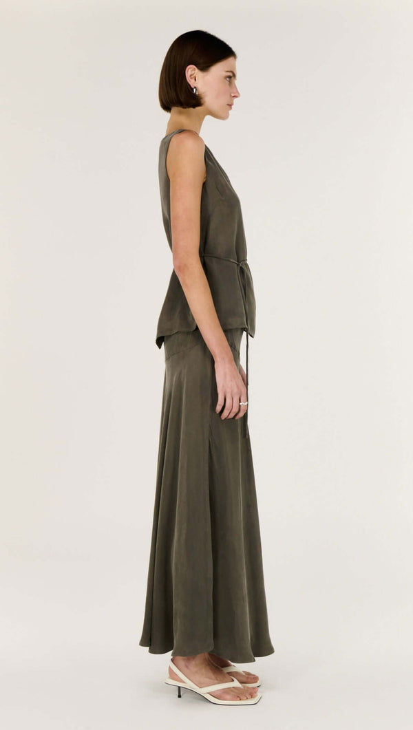 Olive Cupro Asymmetrical Hem Maxi Skirt - Elegant Styling - Staple the ...
